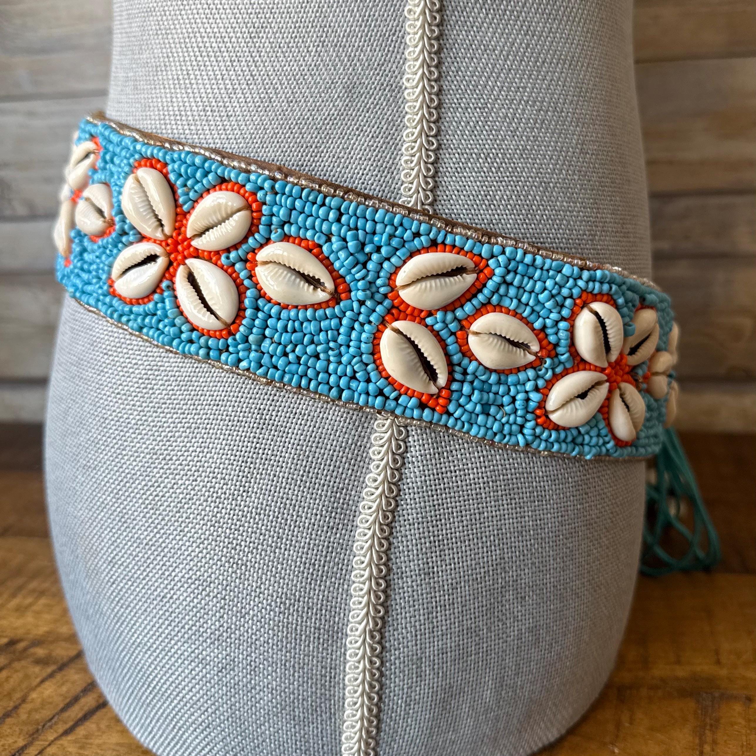 Handmade Vintage Tied Belt of Turquoise and Orange Seed Beads Cowrie ...