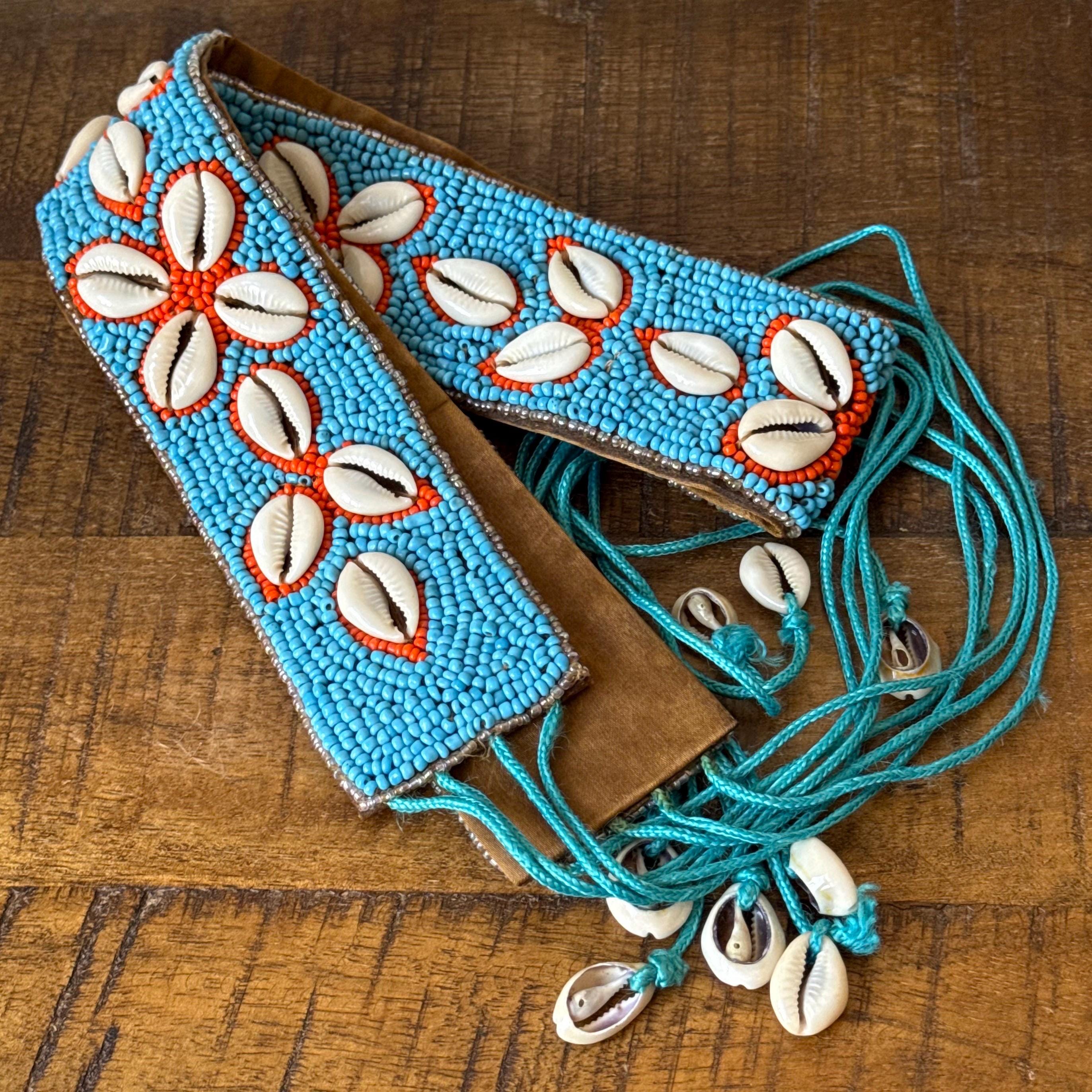 Handmade Vintage Tied Belt of Turquoise and Orange Seed Beads Cowrie ...