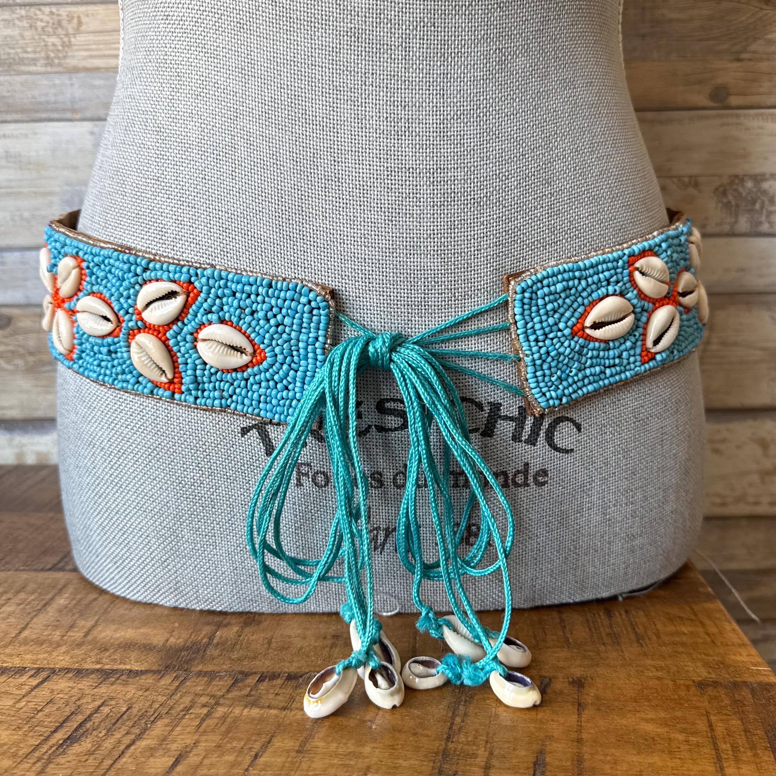 Handmade Vintage Tied Belt of Turquoise and Orange Seed Beads Cowrie ...