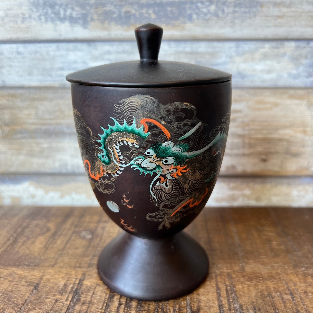 Antique Chinese Lacquerware Lidded Cup With Pearl Finish Hand Painted ...