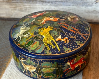 Vintage Kashmir India Paper Mache Lacquered Box Hand Painted Blue and ...