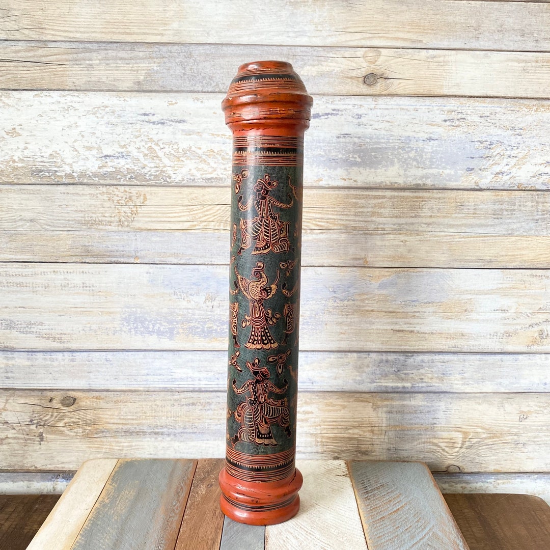 Rare Antique Burmese Lacquer Manuscript Scroll Holder Tube Container ...