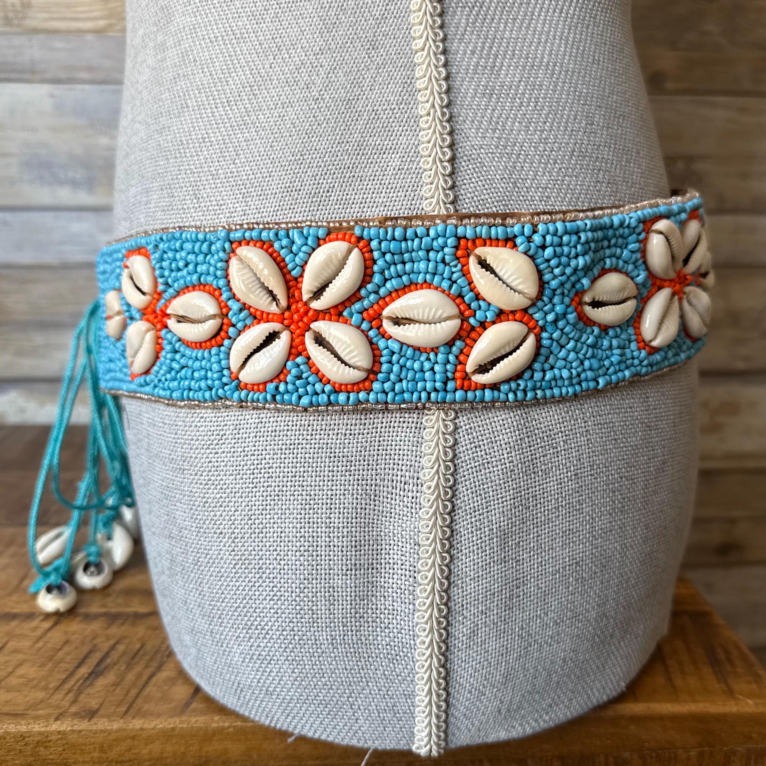 Handmade Vintage Tied Belt of Turquoise and Orange Seed Beads Cowrie ...