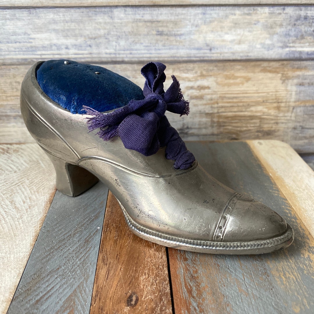 Antique Victorian Pewter Spool Heel Shoe Large Pin Cushion Made in ...
