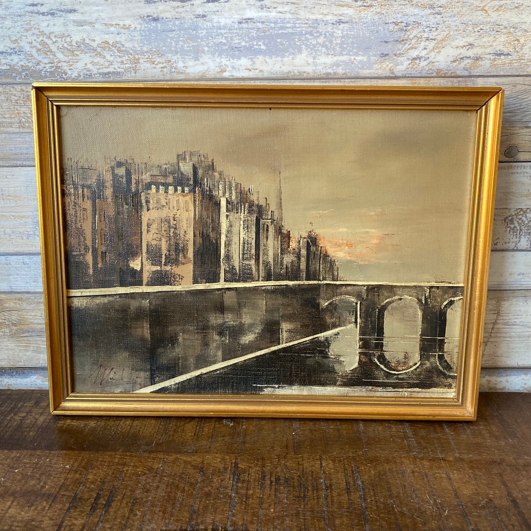 Vintage Hand Painting on Canvas Dark Nocturnal Paris Street Signed Gold ...