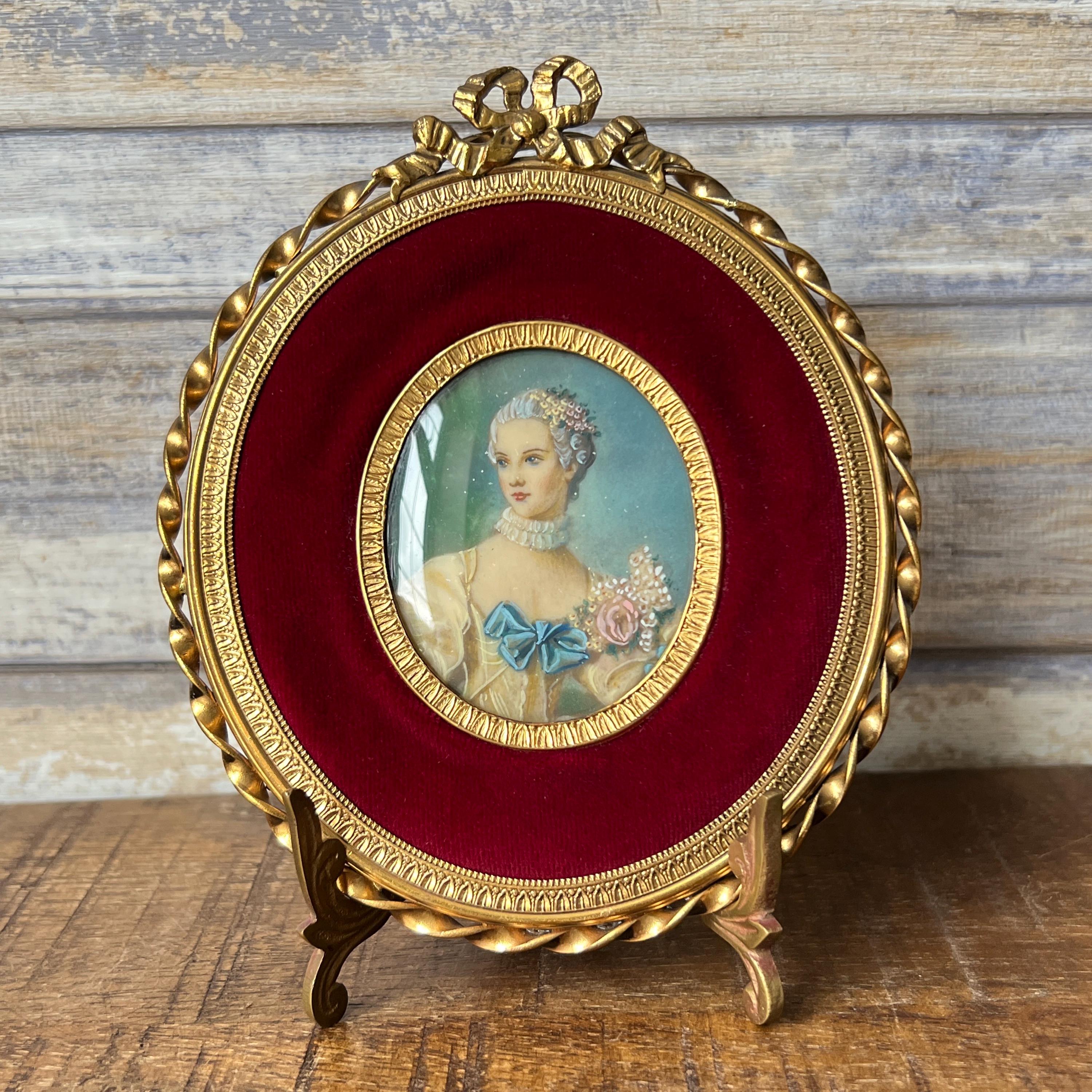 Antique Hand Painted Porcelain Miniature Portrait of Young Woman Red ...