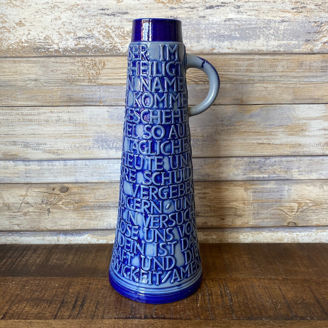 Antique German Earthenware Ceramic Indigo Blue Vase Wine Water Jug With ...