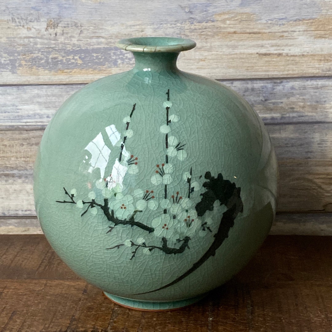 Vintage Large Asian Korean Celadon Porcelain Jar Vase With Cherry ...