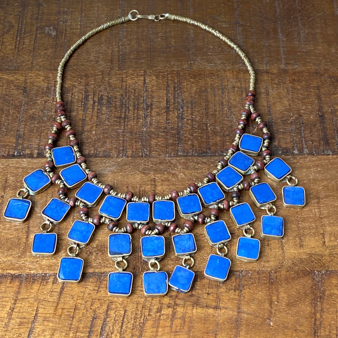 Vintage Tribal Afghan Kuchi Bib Collar Necklace Lapis Blue Silver Toned ...
