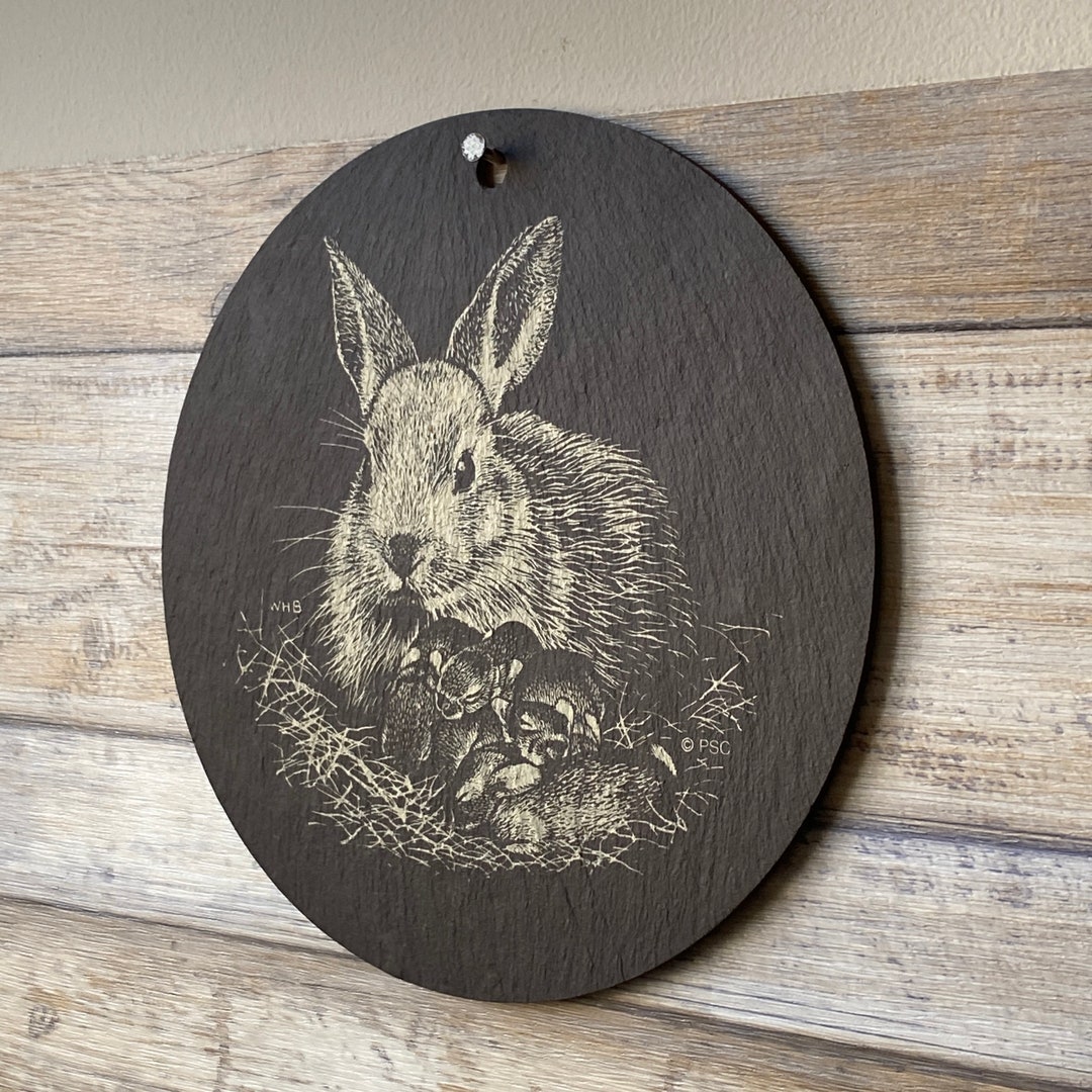 Vintage Handmade Stone Wall Plaque Painted With Mother Rabbit and ...
