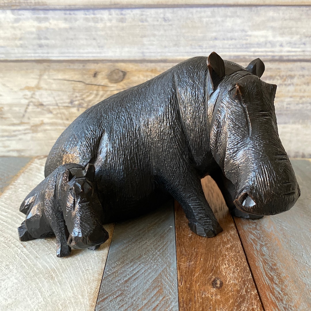 Japanese Mid Century Rare Hippopotamus With Calf Hand Carved Wooden Gem ...