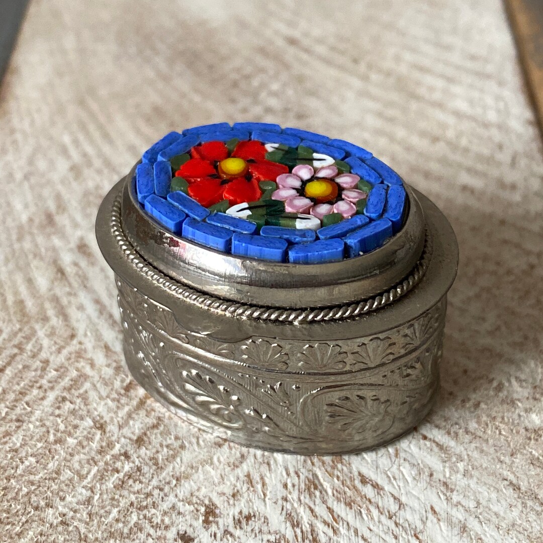 Vintage Italian Silver Toned Glass Micro Mosaic Pill Box With Flowers ...
