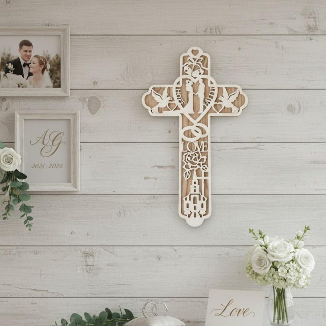 Laser-cut Wooden Wedding Cross With Doves, Rings, and Rose ...