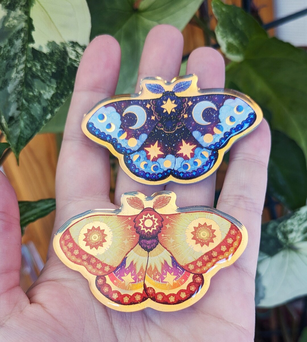 Moth, Moon and Sun // Holographic Glitter Acrylic Pins - Etsy