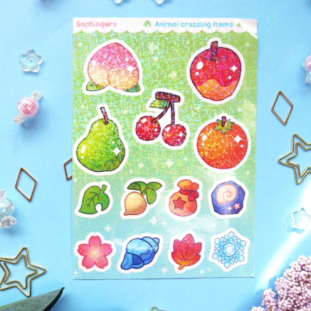 Sticker Sheet, Animal Crossing Fruits and Objects // Glitter Vinyl ...