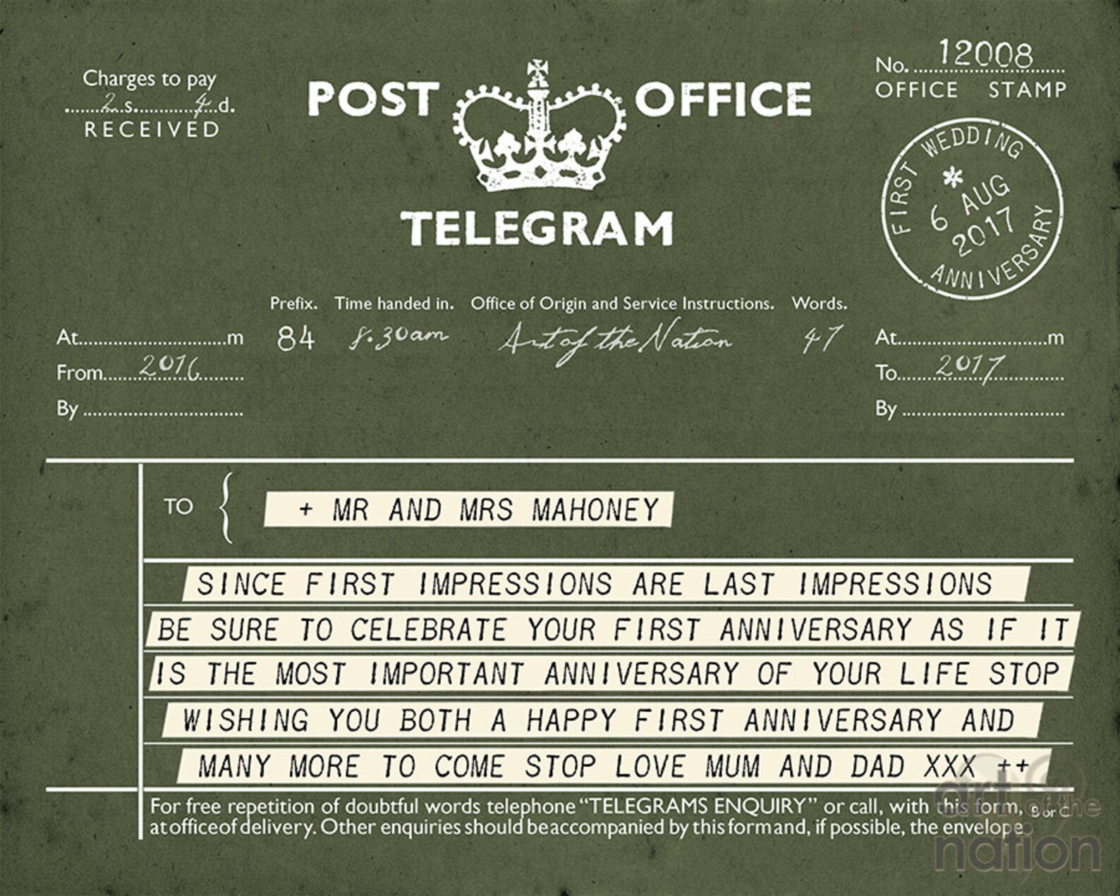 British Post Office Telegram Style Personalised Wedding Anniversary ...