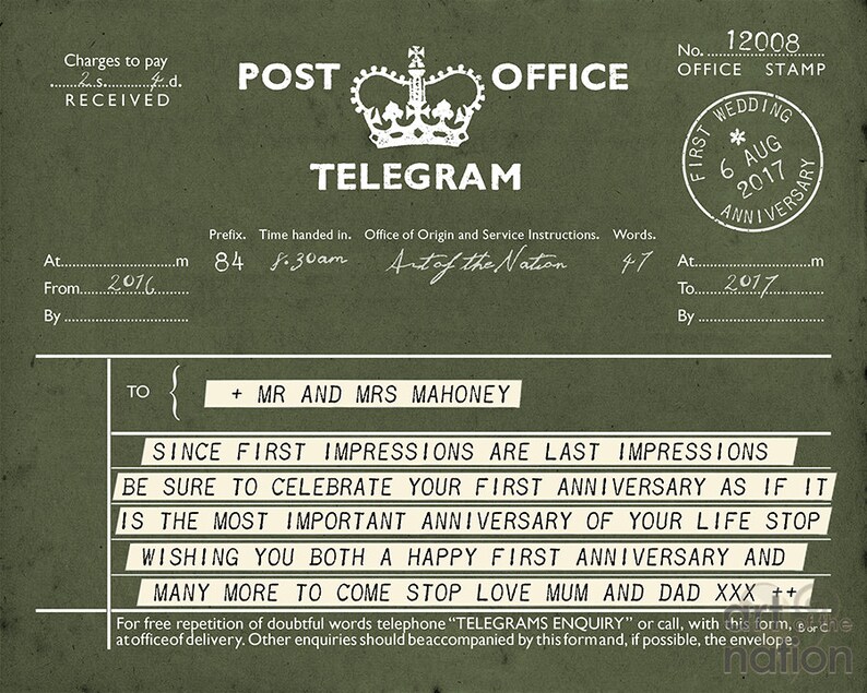 British Post Office Telegram Style Personalised Wedding Anniversary ...