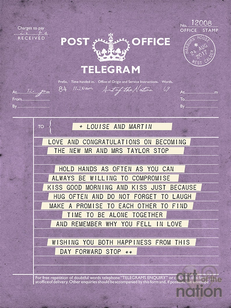 British Post Office Telegram Style Personalised Wedding Poster ...