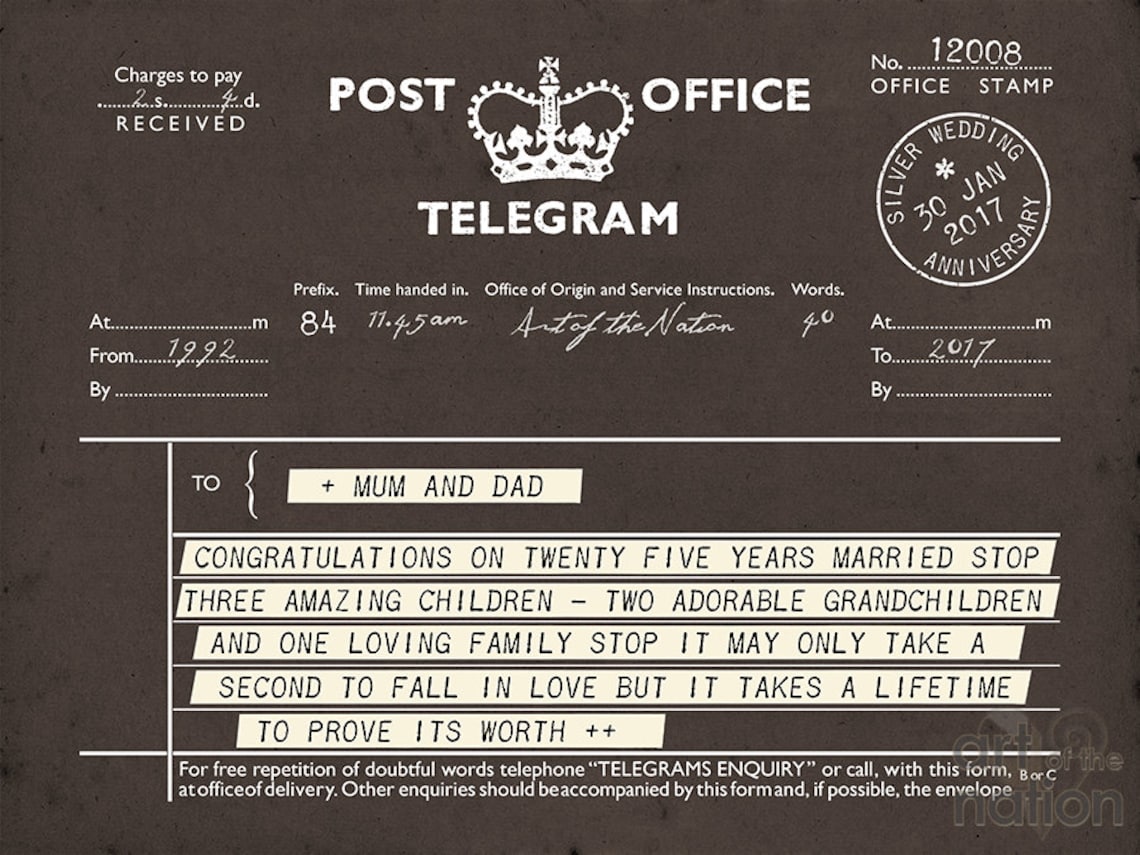 British Post Office Telegram Style Personalised Wedding Anniversary ...