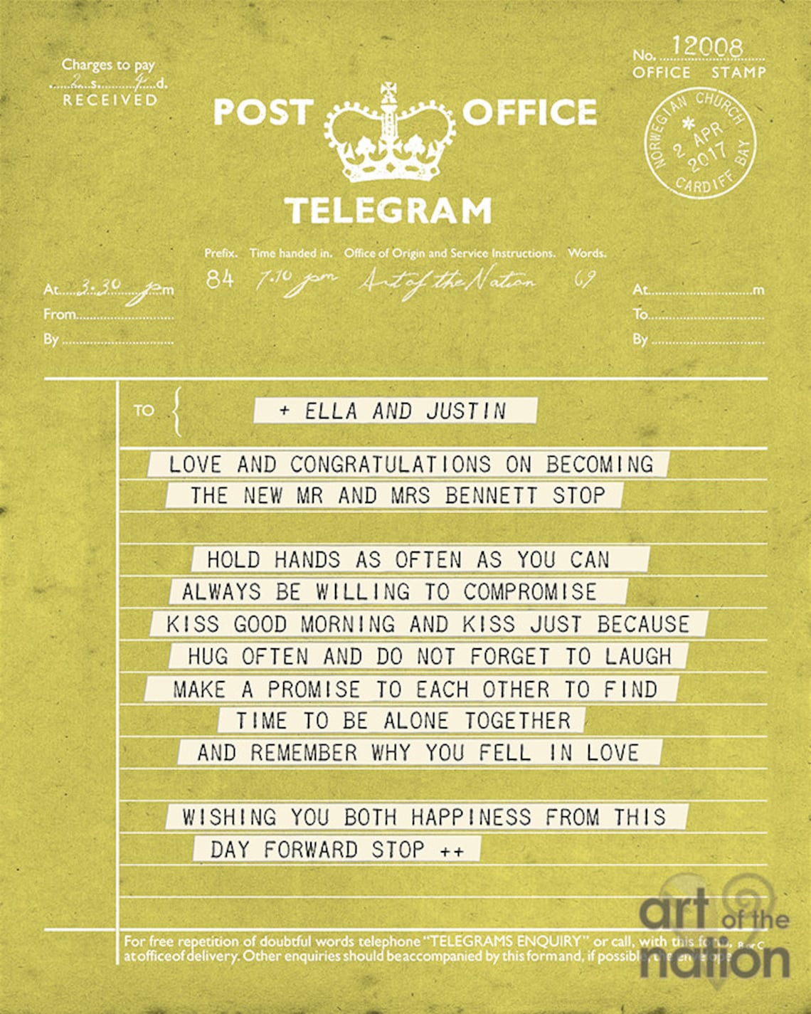 British Post Office Telegram Style Personalised Wedding Poster ...