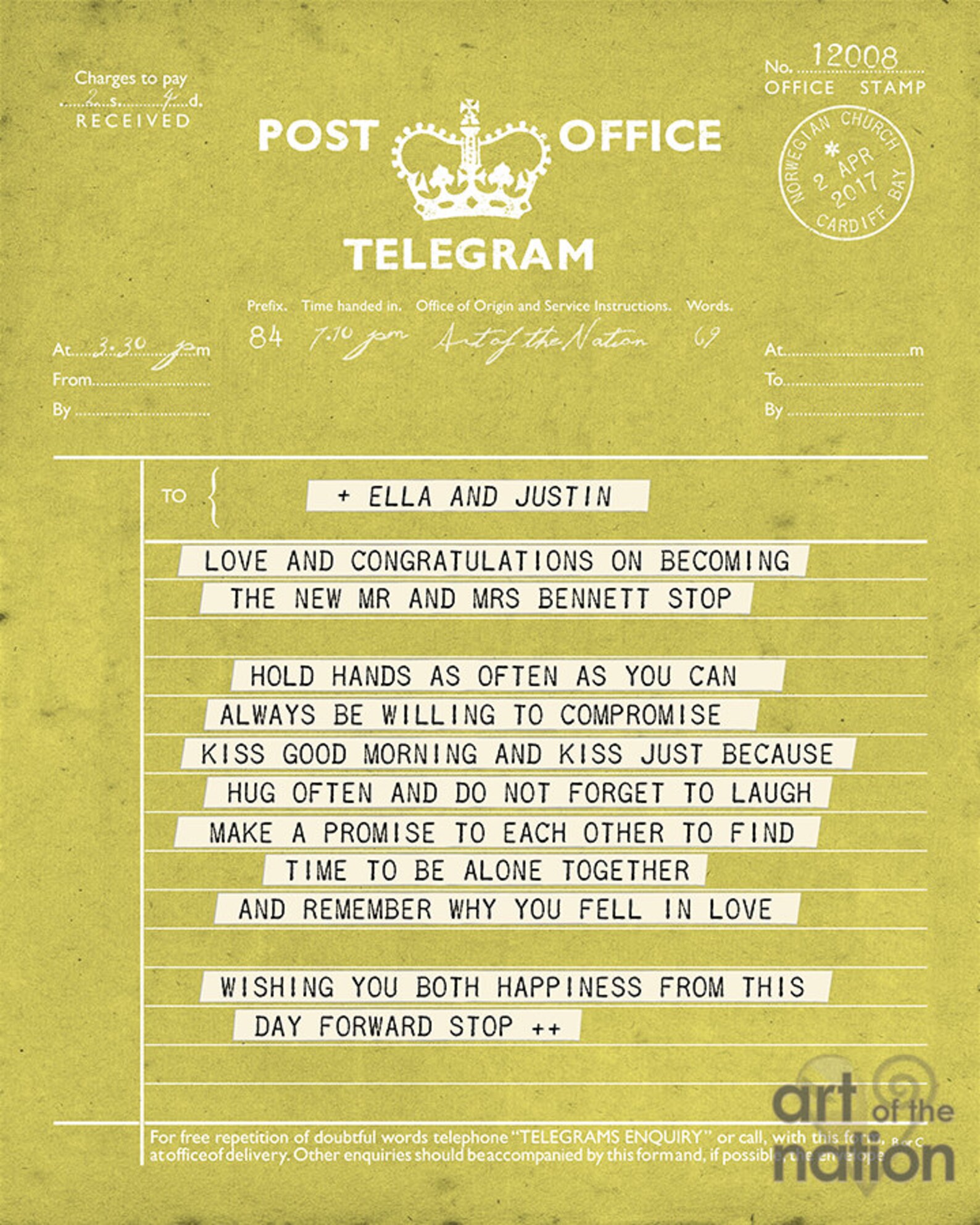 British Post Office Telegram Style Personalised Wedding Poster ...