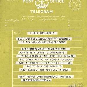 British Post Office Telegram Style Personalised Wedding Poster ...