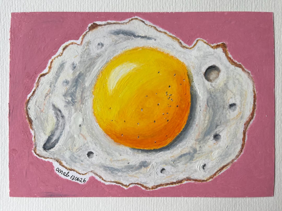 Pintura original de ovo frito em pastel oleoso | Arte culinária A5 ...