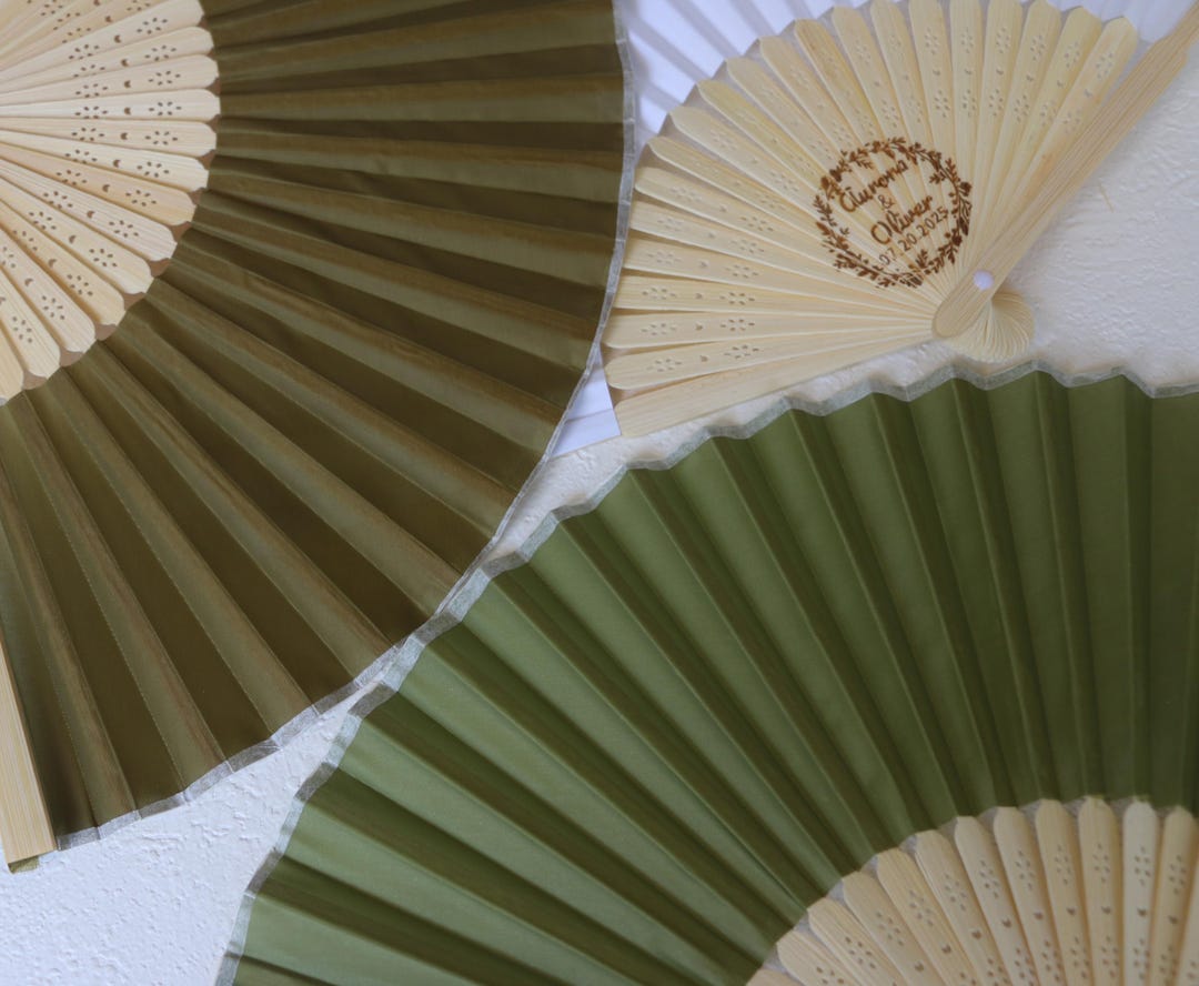 Custom Olive Green Name Fabric Hand Fans, Personalized Text Engraved ...