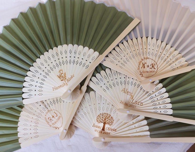 Custom Olive Green Name Fabric Hand Fans, Personalized Text Engraved ...