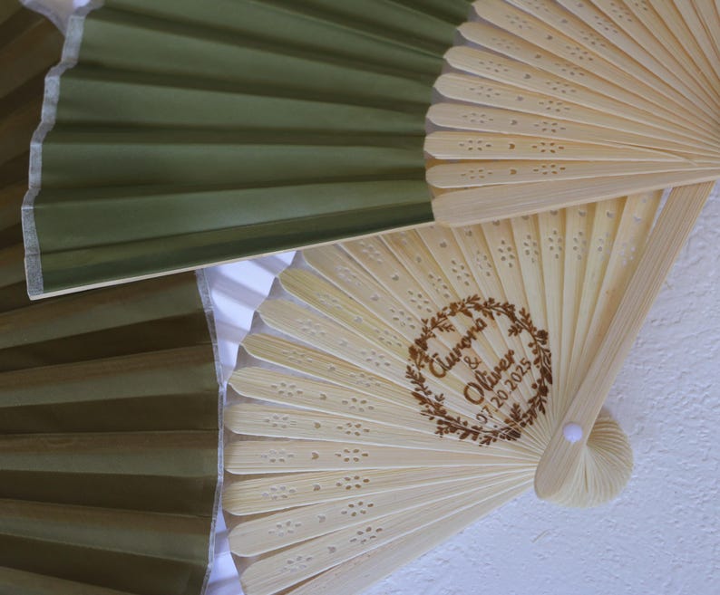 Custom Olive Green Name Fabric Hand Fans, Personalized Text Engraved ...