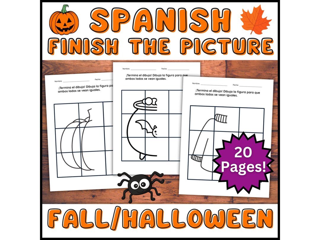 20 SPANISH Halloween Finish the Picture Worksheets, Fall Craft Activity ...