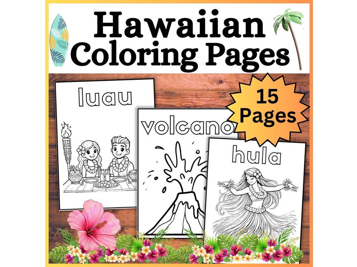 15 Hawaiian Vocabulary Coloring Pages, Luau Kids Party Theme Coloring ...