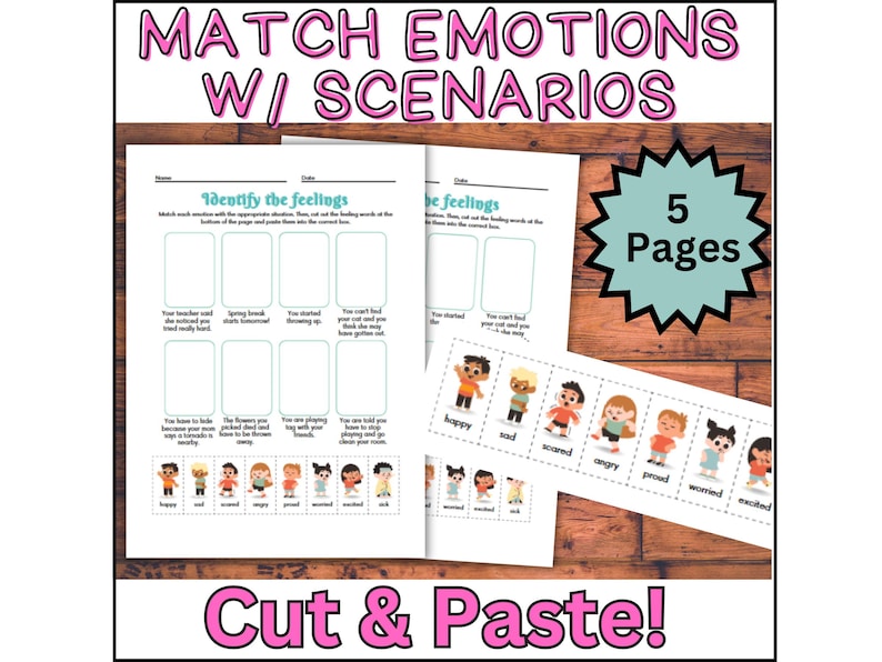 5 Cut & Paste Identify Emotions Matching Worksheets Connecting Feelings ...
