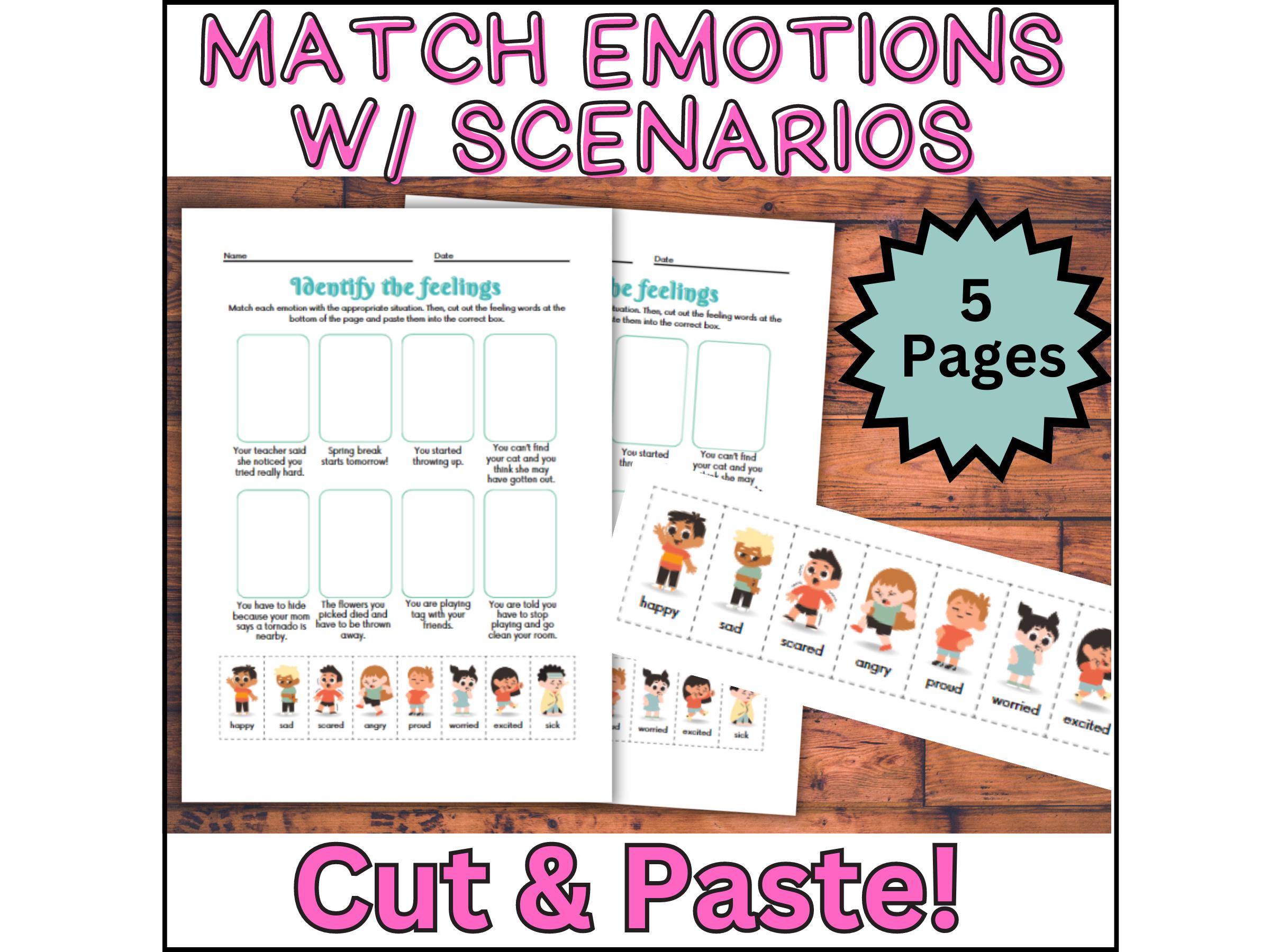 5 Cut & Paste Identify Emotions Matching Worksheets Connecting Feelings ...