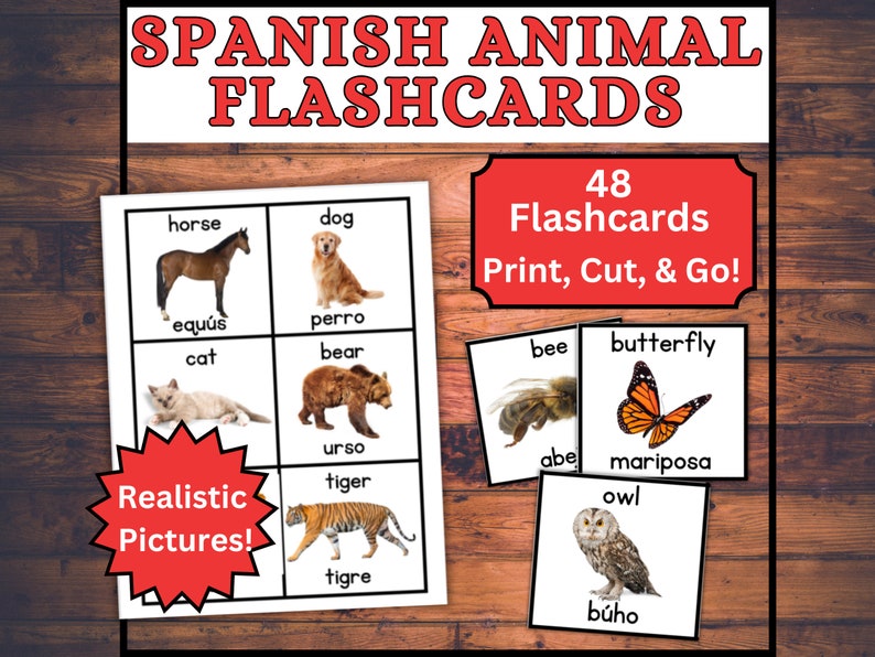 48 Spanish Language Animal Flashcards - ESL Flash Cards Vocabulary ...