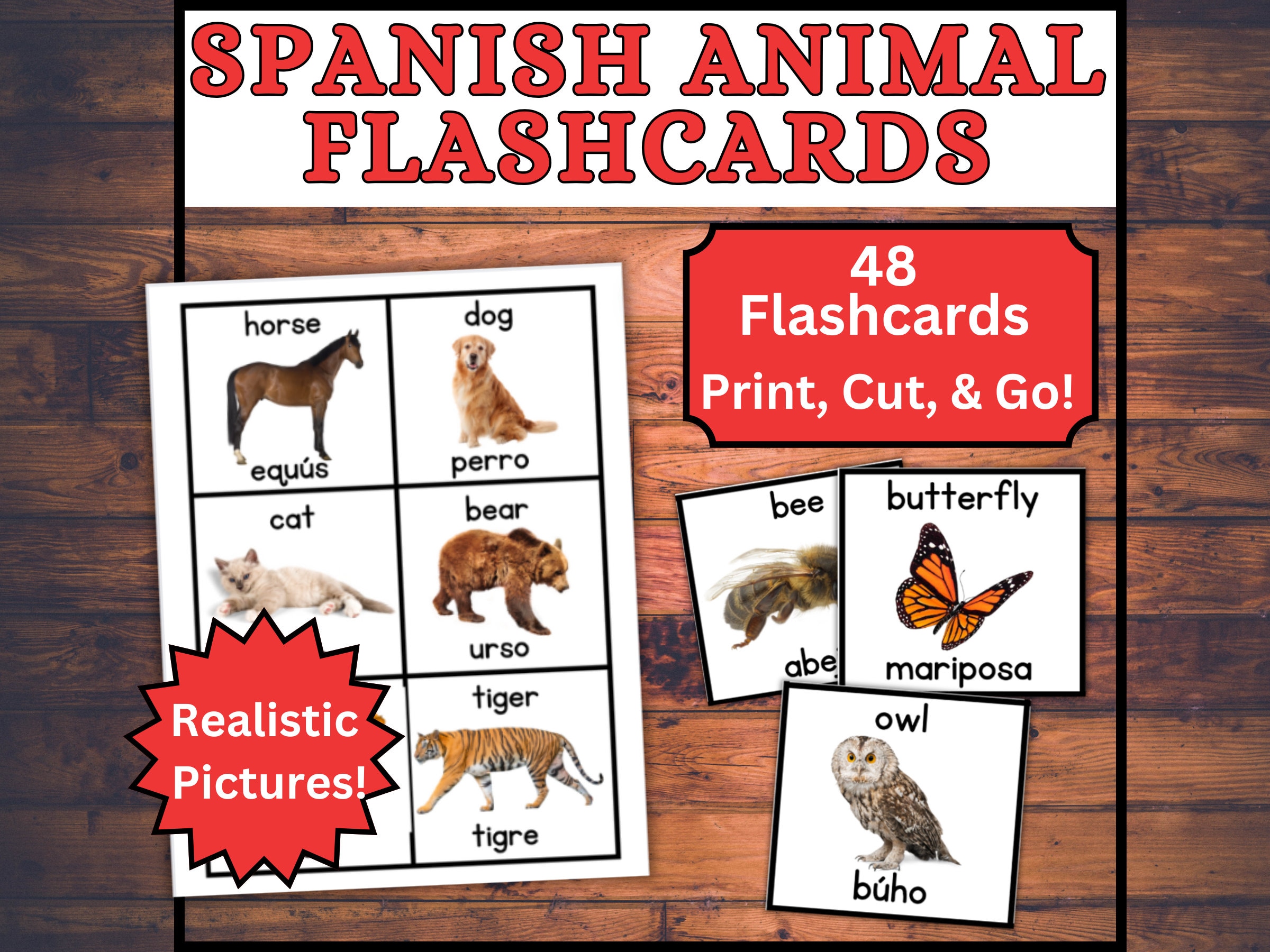 48 Spanish Language Animal Flashcards - ESL Flash Cards Vocabulary ...