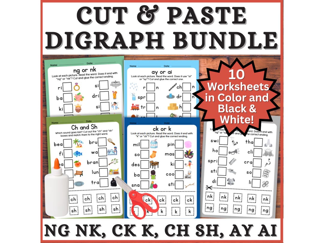 10 Cut and Paste Digraphs Worksheets, Printable Spelling Kindergarten ...