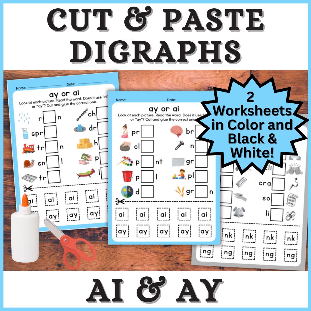 10 Cut and Paste Digraphs Worksheets, Printable Spelling Kindergarten ...