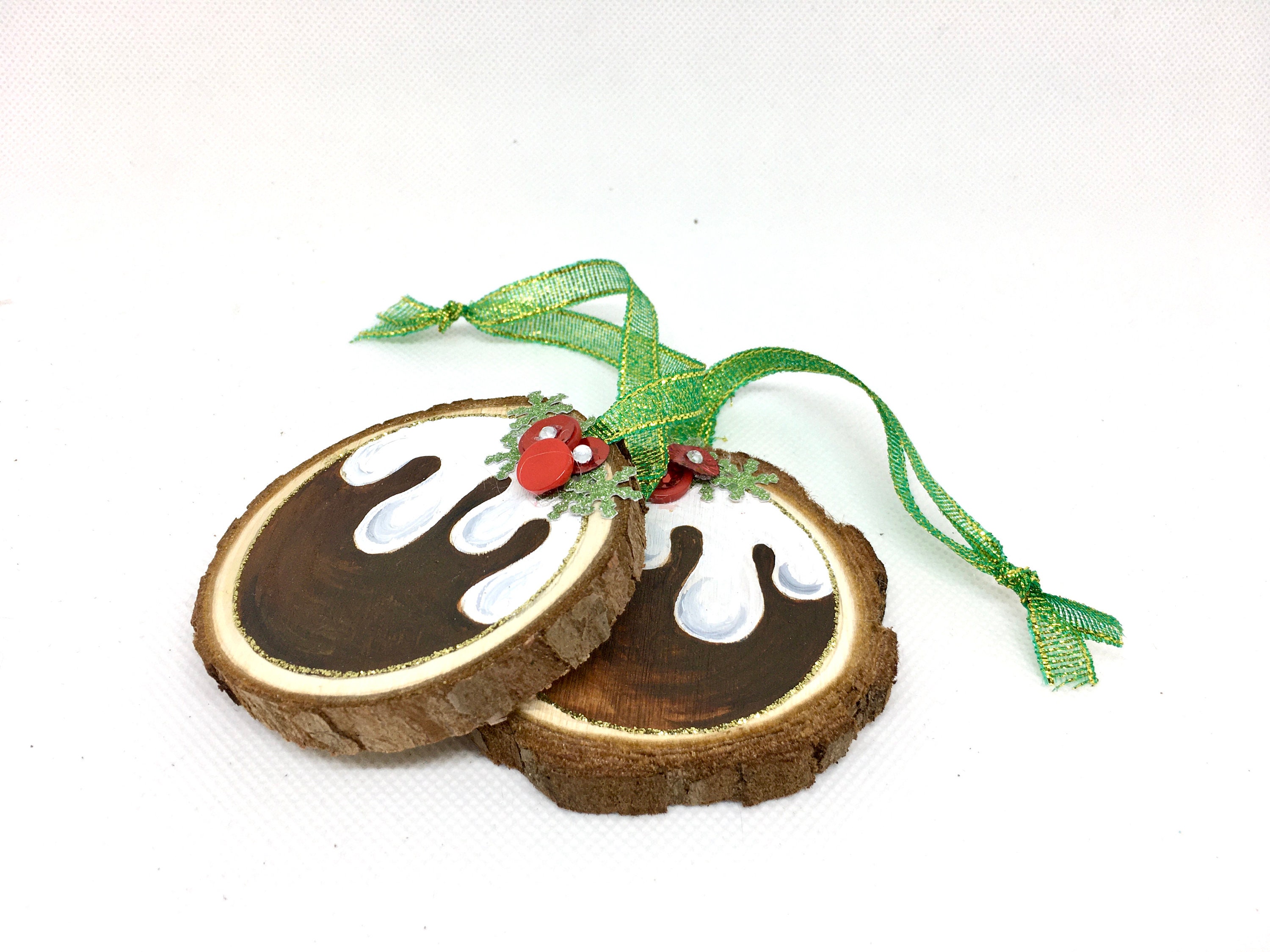 Hand Painted Christmas Pudding Wood Slice Ornament | Etsy