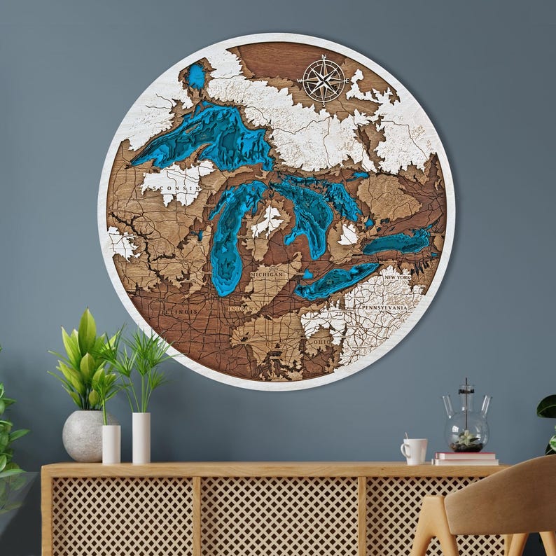 3D Wooden Great Lakes Map: Custom Depth Map Wall Art - Etsy