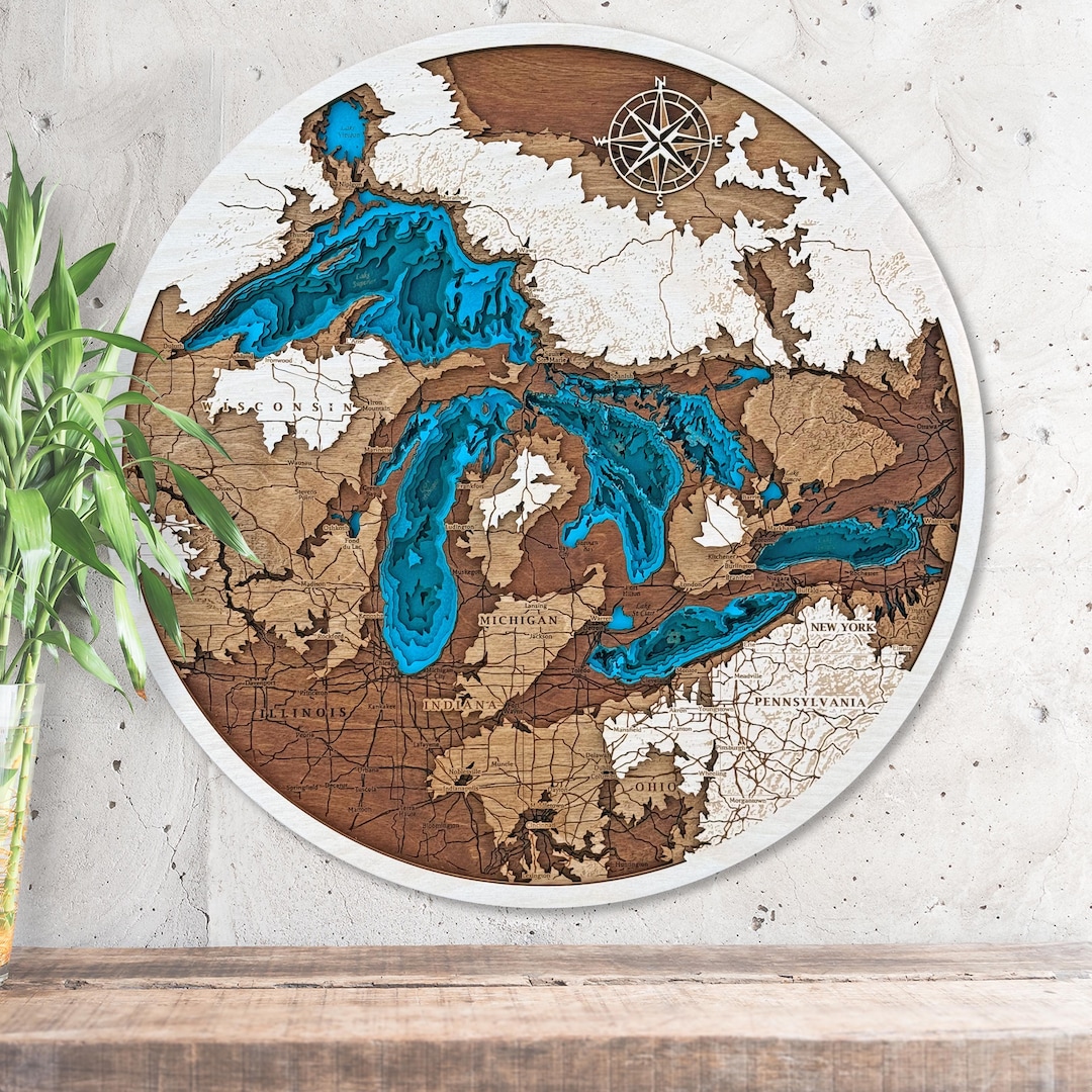 3D Wooden Great Lakes Map: Custom Depth Map Wall Art - Etsy