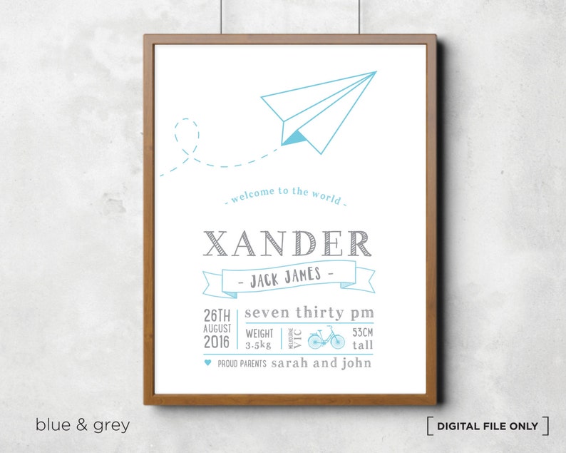 Aeroplane Birth Print Birth Announcement Baby Birth Stats Nursery Wall ...