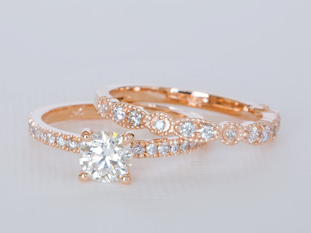 14K Rose Gold Engagement Set Rose Gold Engagement Ring Set - Etsy