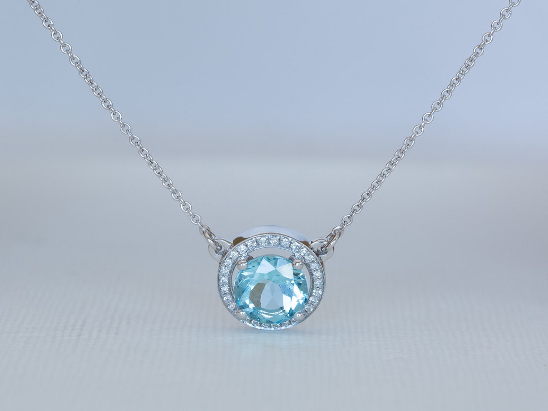 Blue Diamond Necklace, 14K Aquamarine Pendant, Diamond Halo Necklace ...