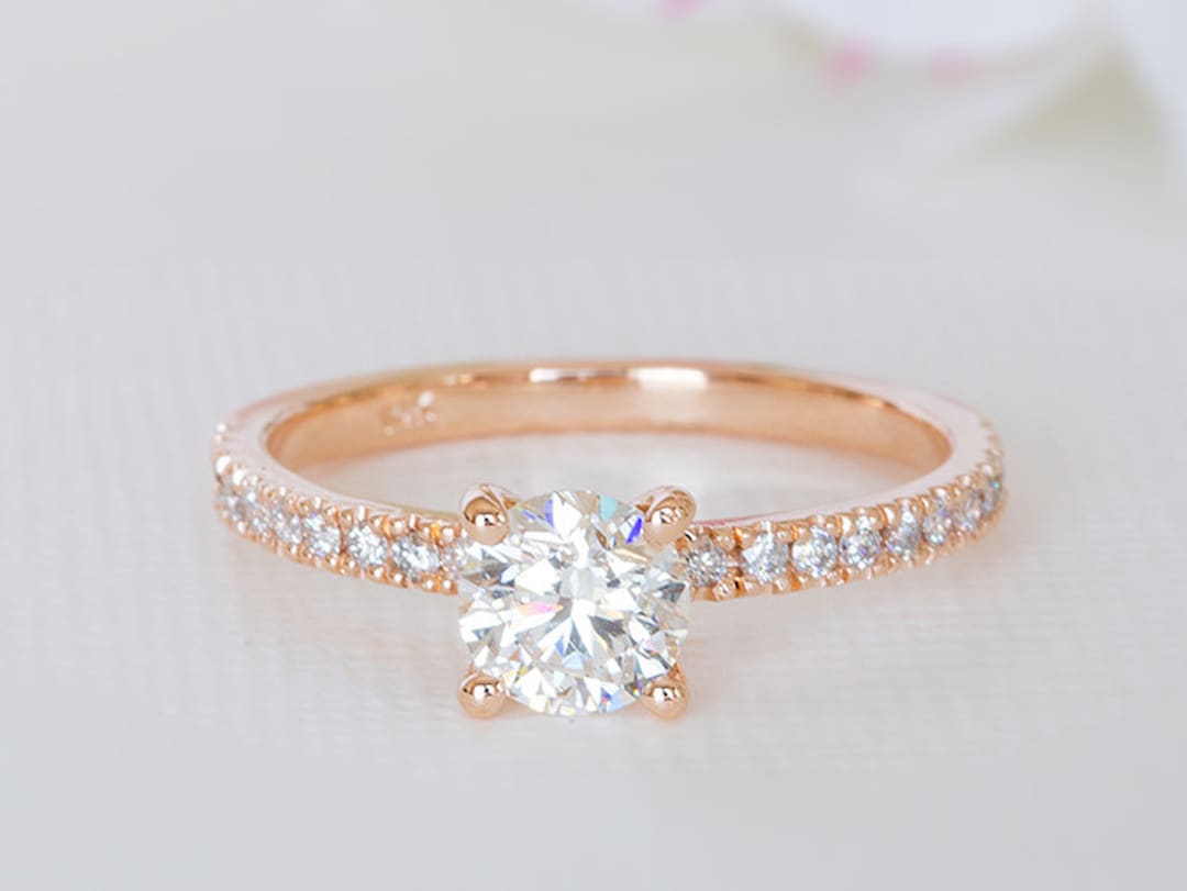 18K Rose Gold Engagement Ring, Pave Engagement Ring, 14K Rose Gold Pave ...