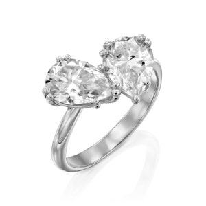 Two Stone Engagement Ring, Moissanite Bridal Ring, Pear Moissanite Ring, Heart Diamond Ring ...