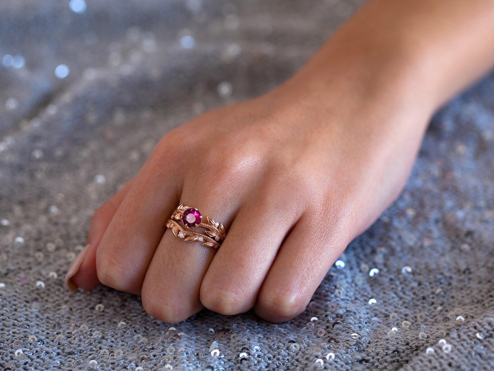 Pink Engagement Ring, Gemstone Engagement Ring Set, Tourmaline Wedding ...