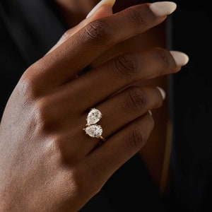 Two Stone Engagement Ring, Moissanite Bridal Ring, Pear Moissanite Ring, Heart Diamond Ring ...