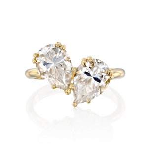 Two Stone Engagement Ring, Moissanite Bridal Ring, Pear Moissanite Ring, Heart Diamond Ring ...