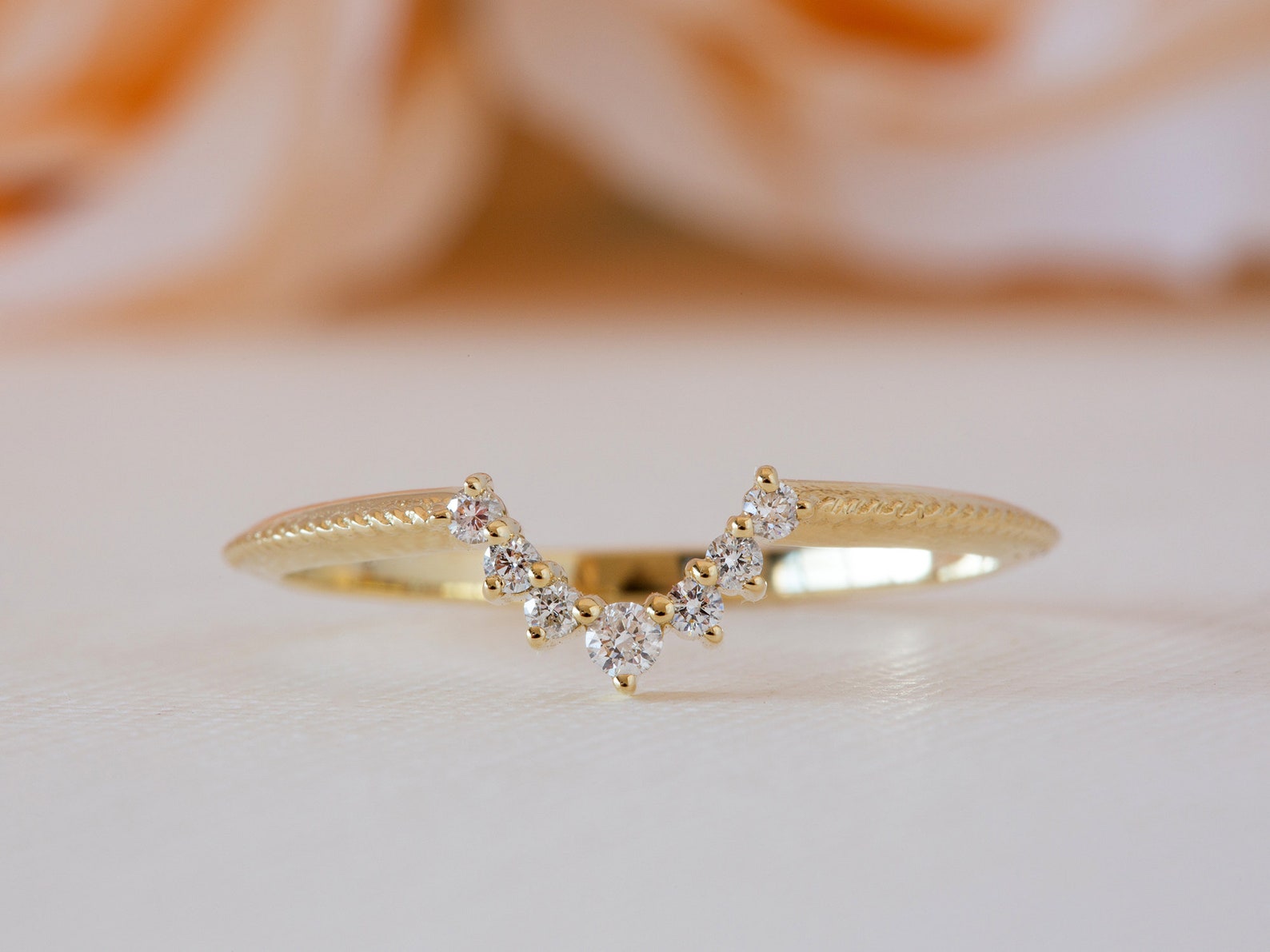Curved Wedding Ring, Diamond Crown Ring, Nesting Wedding Ring ...